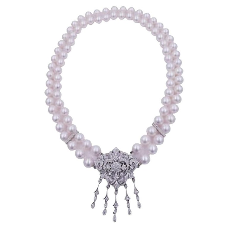 White Japanese Akoya Pearl Diamond 18 Karat White Gold Necklace Brooch ...