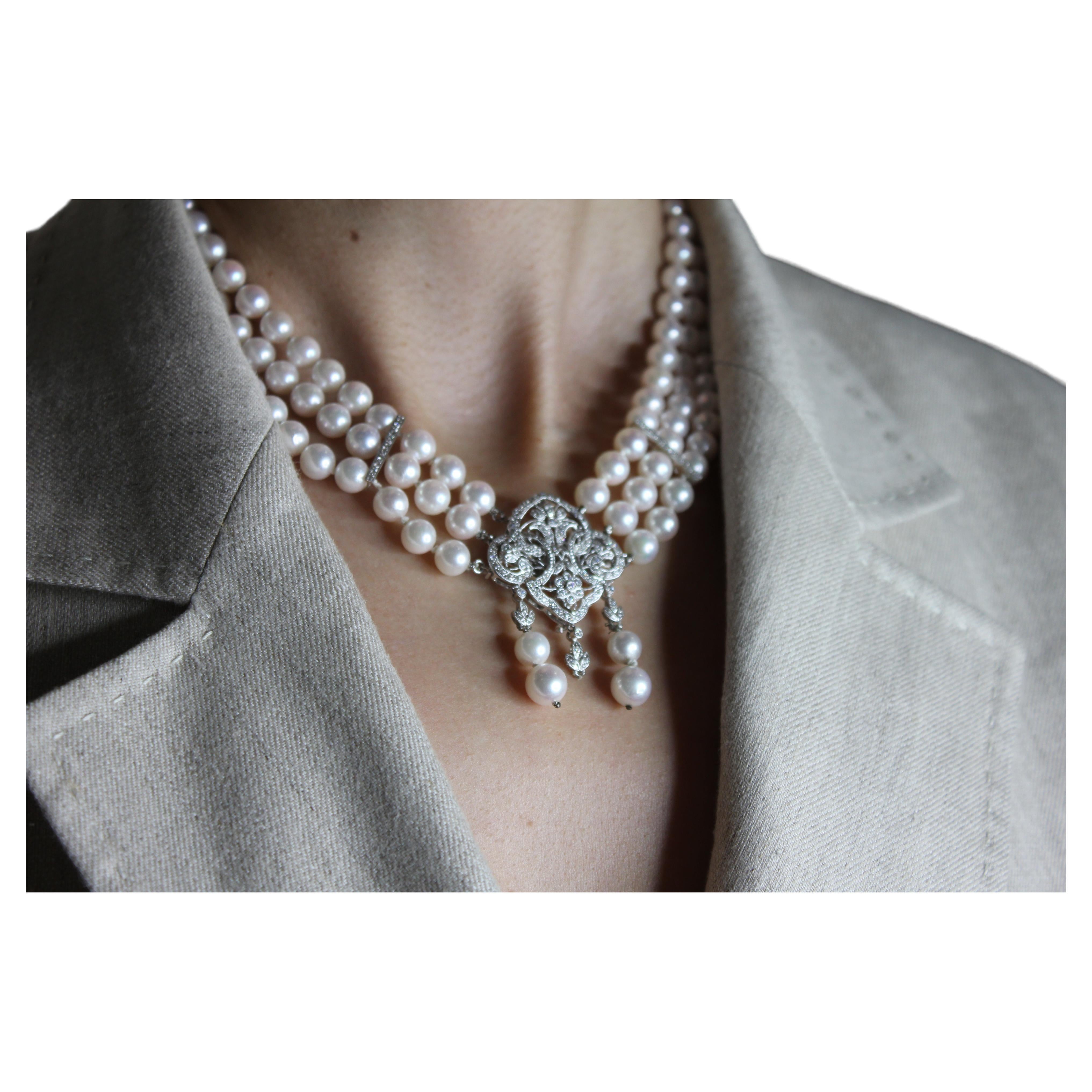 White Japanese Akoya Pearl Diamond 18 Karat White Gold Necklace Brooch ...