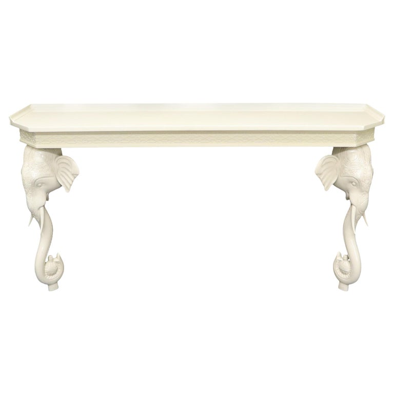 White Lacquer Carved Elephant Bases Console Wall Table For Sale at ...