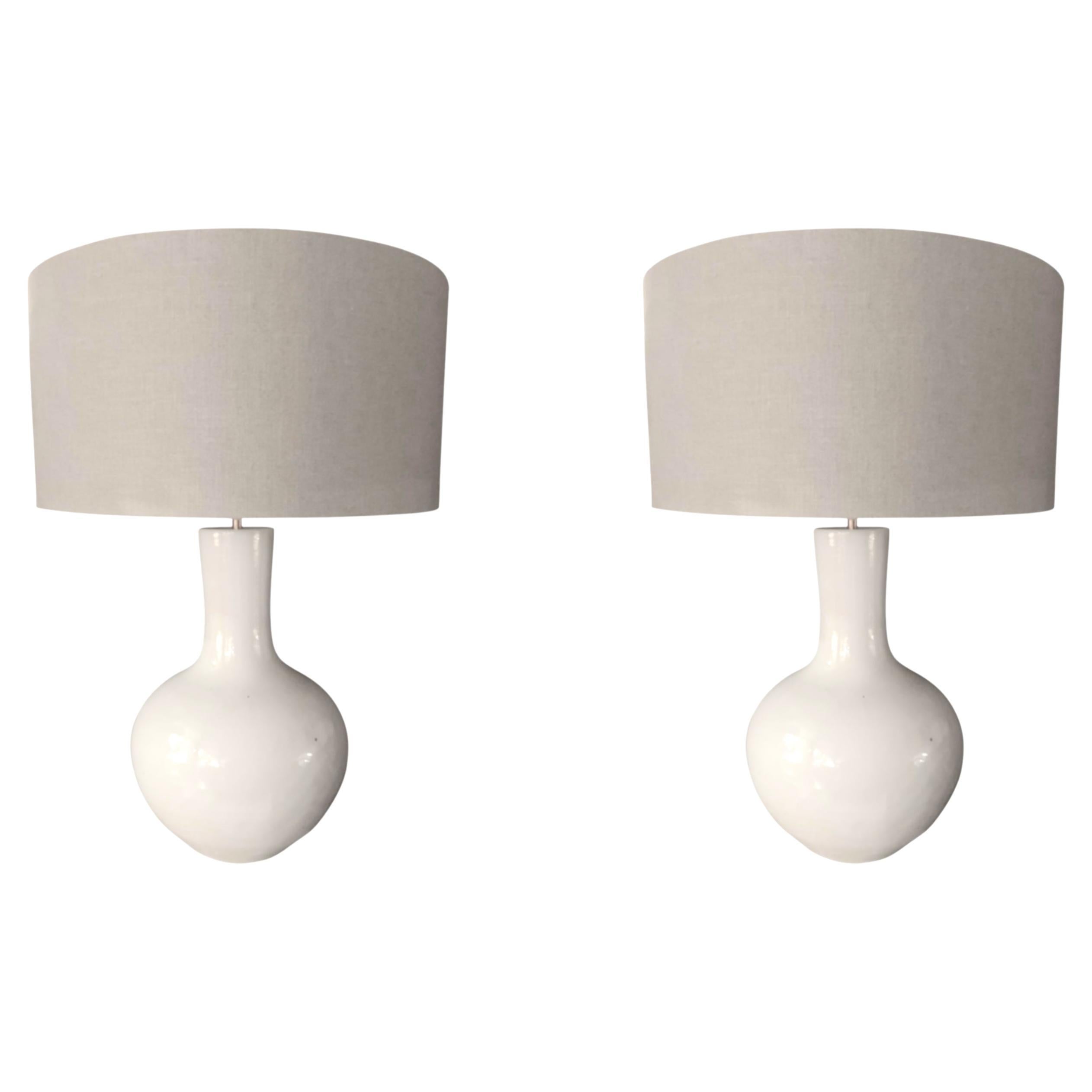 Pair of White Opaline Table Lamps with Bronze Swan Necks at 1stDibs