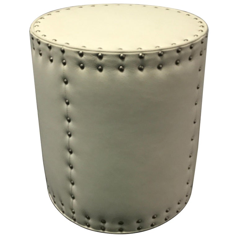 White Leather Drum Shaped Studded Stool For Sale at 1stDibs