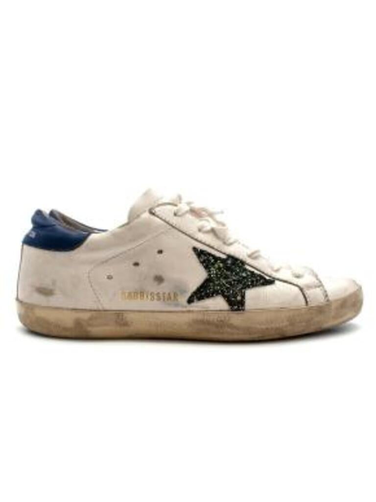 White leather green glitter distressed Superstar trainers at 1stDibs