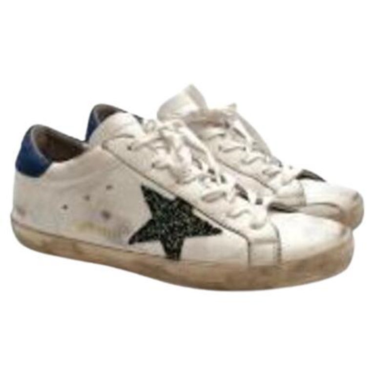 White leather green glitter distressed Superstar trainers at 1stDibs
