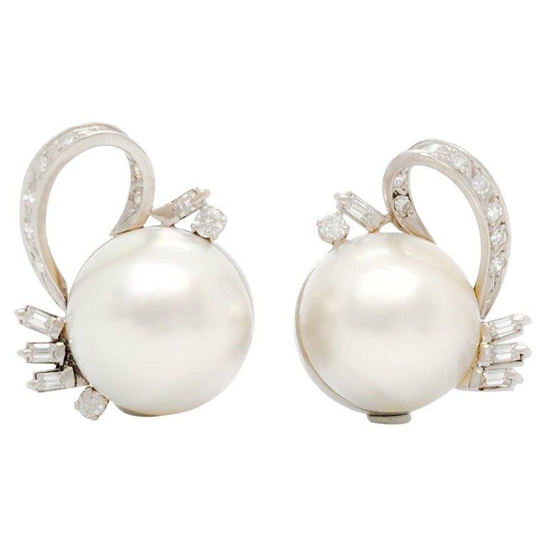 White Mabe Pearl and Diamond Earrings in Platinum For Sale at 1stDibs