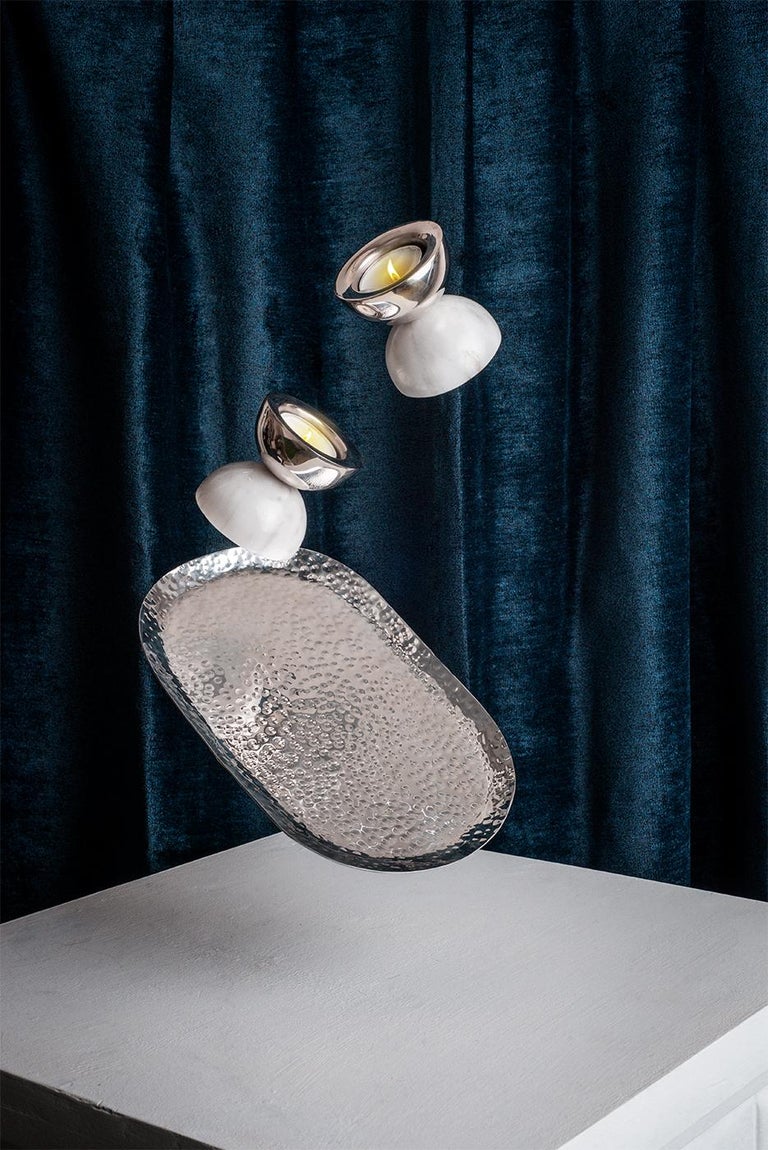 Balance White Marble and Nickeled-Brass Candle Holders For Sale at 1stDibs