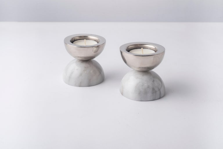 Balance White Marble and Nickeled-Brass Candle Holders For Sale at 1stDibs