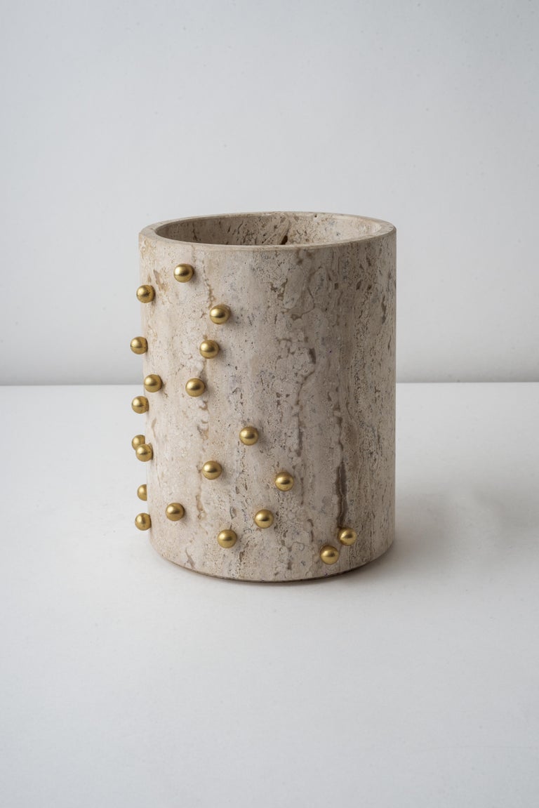 Confetti White Marble and Brass Wide Vase For Sale at 1stDibs