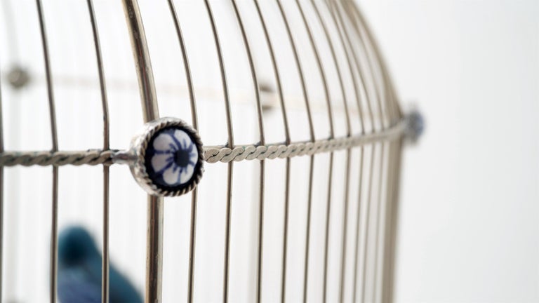 White Metal Cage with Ceramic Birds, One of a Kind at 1stdibs