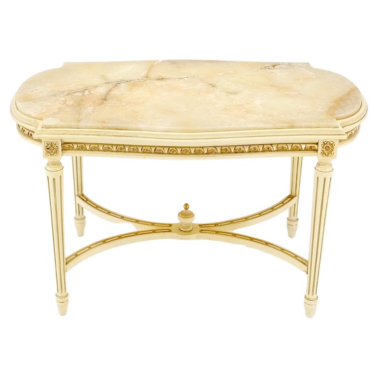 White Onyx Top Stadium Shape Top Beige Lacquer Carved Stretcher Base ...