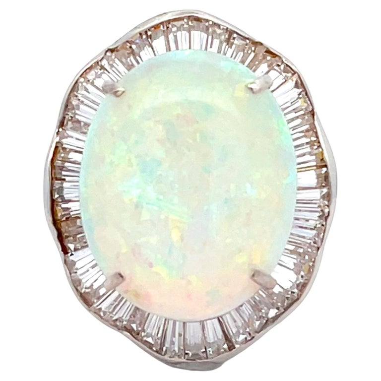 White Opal Ballerina Diamond Ring in 14k White Gold For Sale at 1stDibs