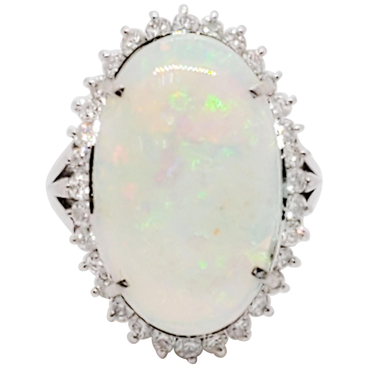 Opal Oval and White Diamond Baguette Cocktail Ring in Platinum at 1stDibs