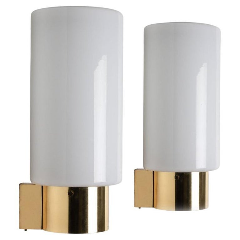 White Opaque Glass and Brass Wall Lights by Limburg, Germany, 1970s For ...
