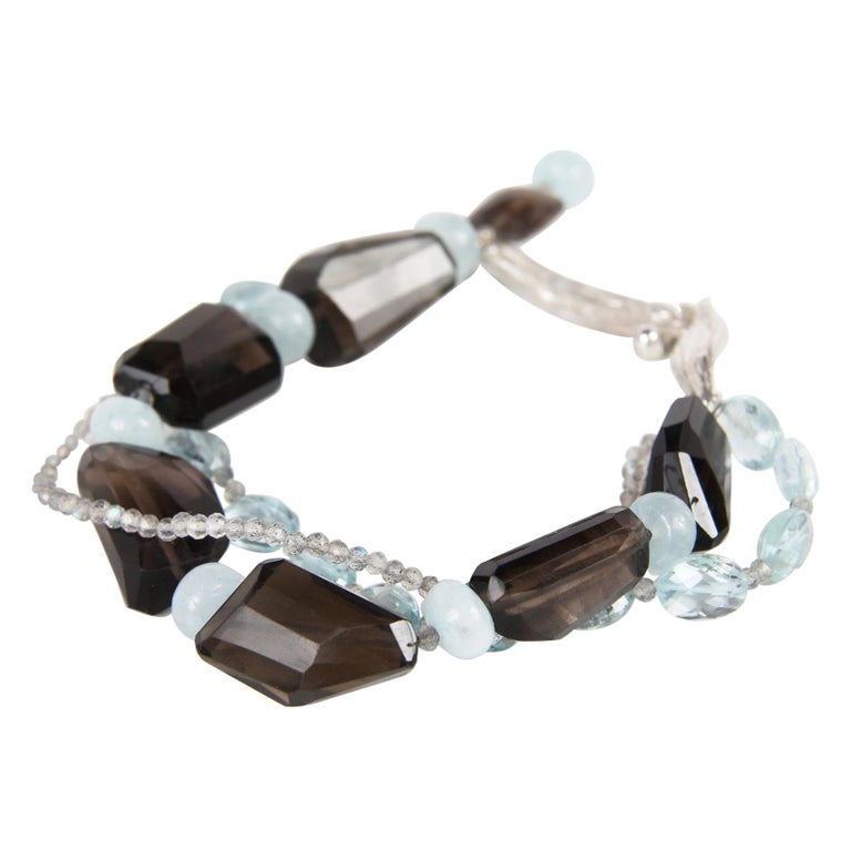 Three-Strand Bracelet: Smoky Quartz, Aquamarine, and Silver For Sale at ...