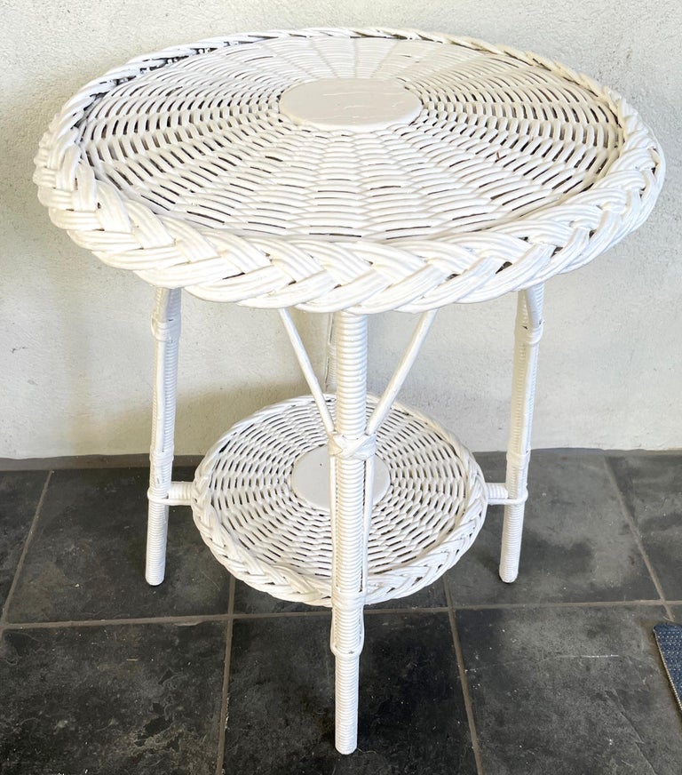 White Painted Wicker Side Table For Sale at 1stDibs