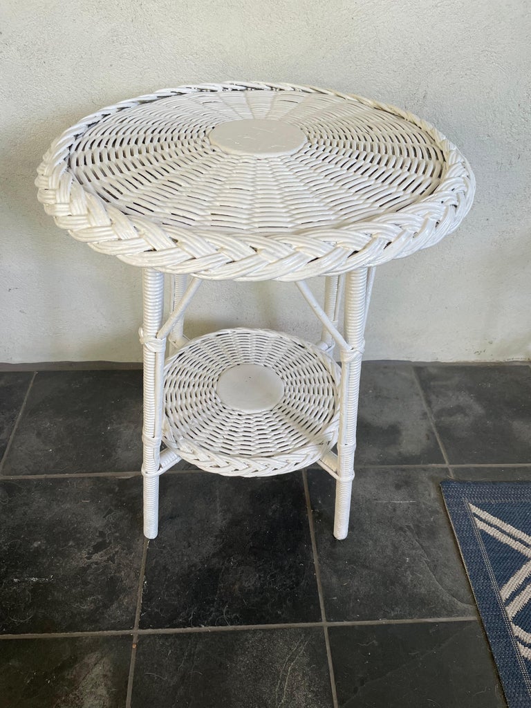White Painted Wicker Side Table For Sale at 1stDibs