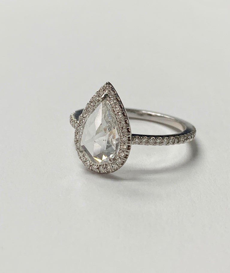 White Pear Shape Rose Cut Diamond Engagement Ring in 18K White Gold For ...