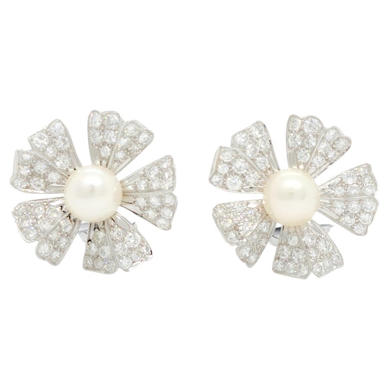 White Pearl and Diamond Round Omega Earrings For Sale at 1stDibs