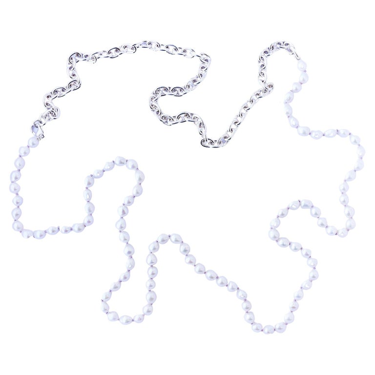 White Pearl Beaded Silver Chain Necklace J Dauphin For Sale at 1stDibs