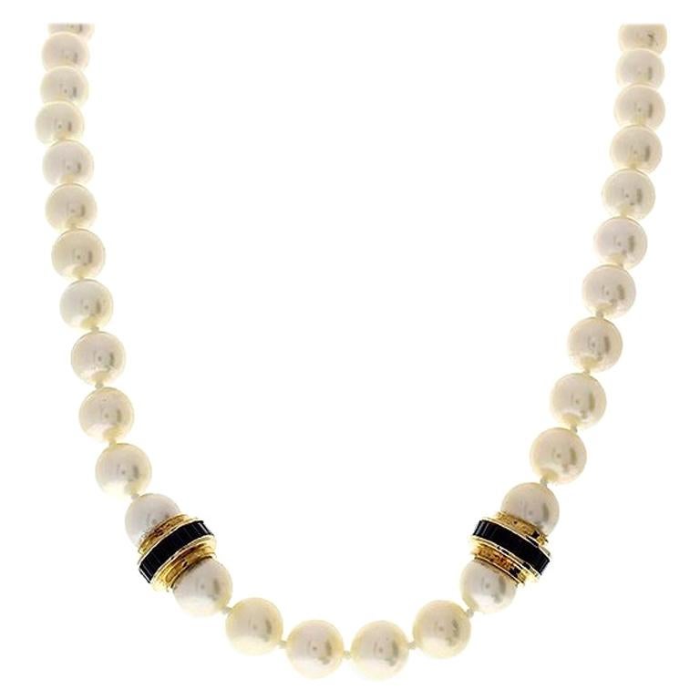 White Pearls and Princess Cut Sapphire Necklace in 18 Karat Yellow Gold ...