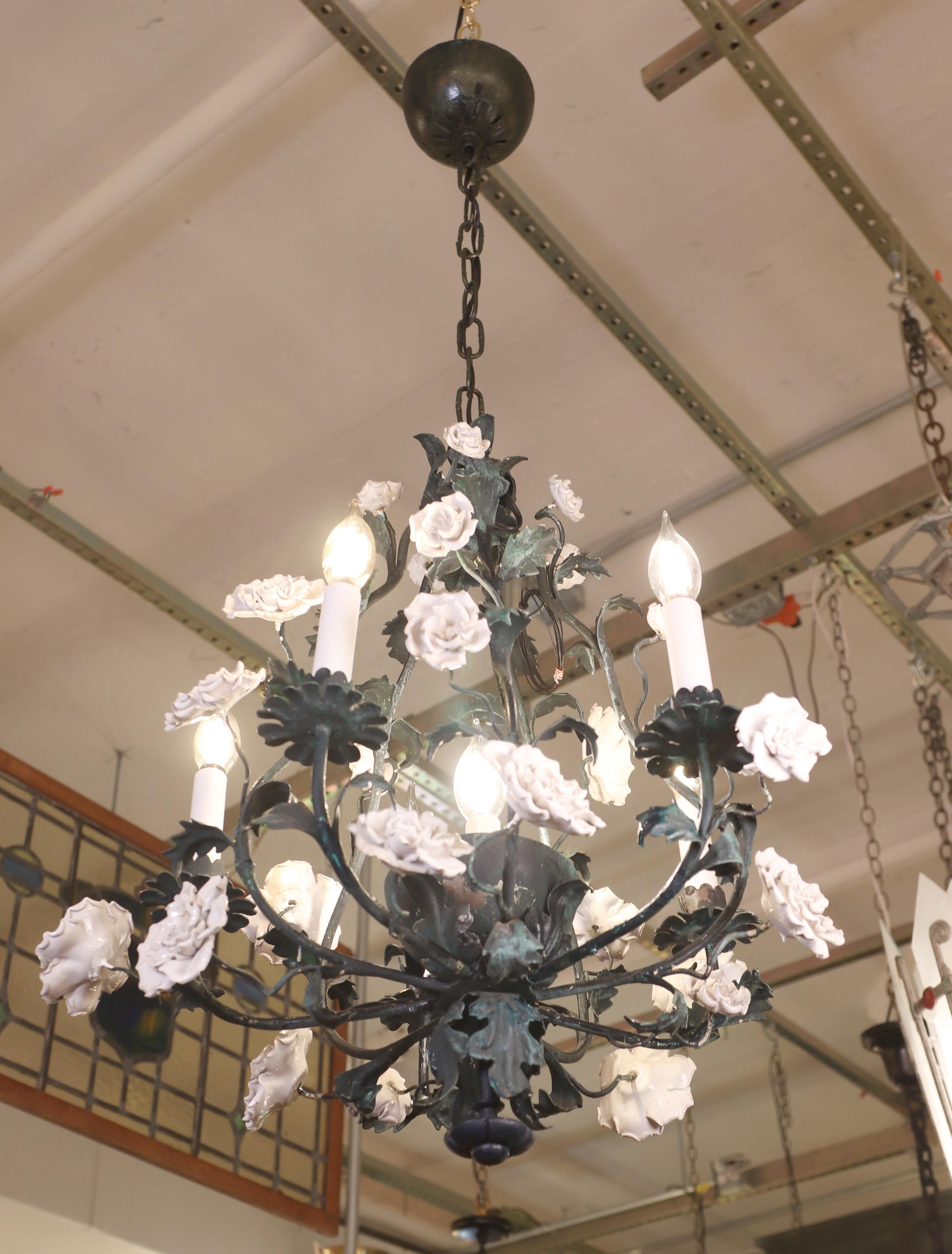 White Porcelain Flowers Verdigris 6 Light Chandelier For Sale at 1stDibs