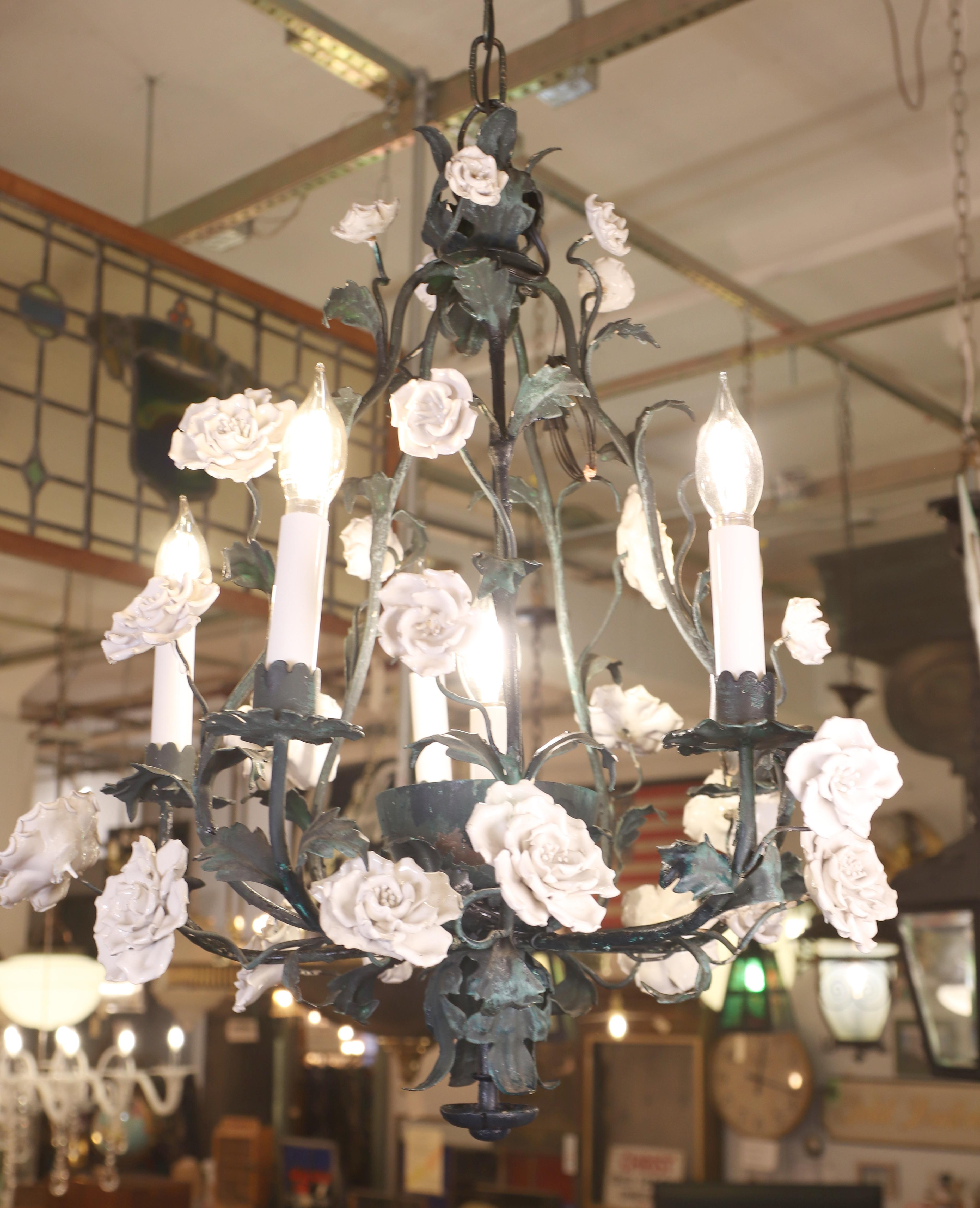 White Porcelain Flowers Verdigris 6 Light Chandelier For Sale at 1stDibs