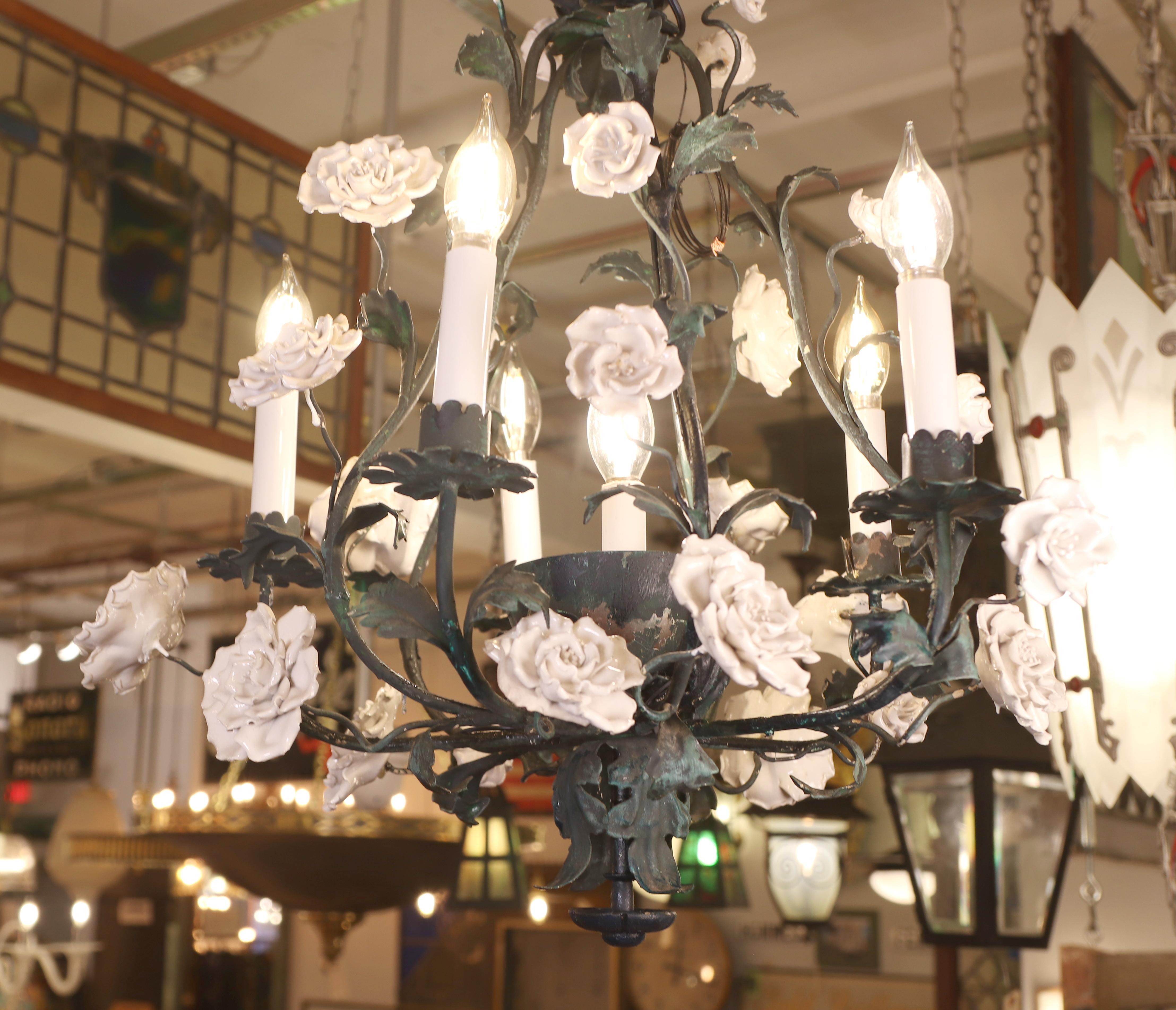 White Porcelain Flowers Verdigris 6 Light Chandelier For Sale at 1stDibs