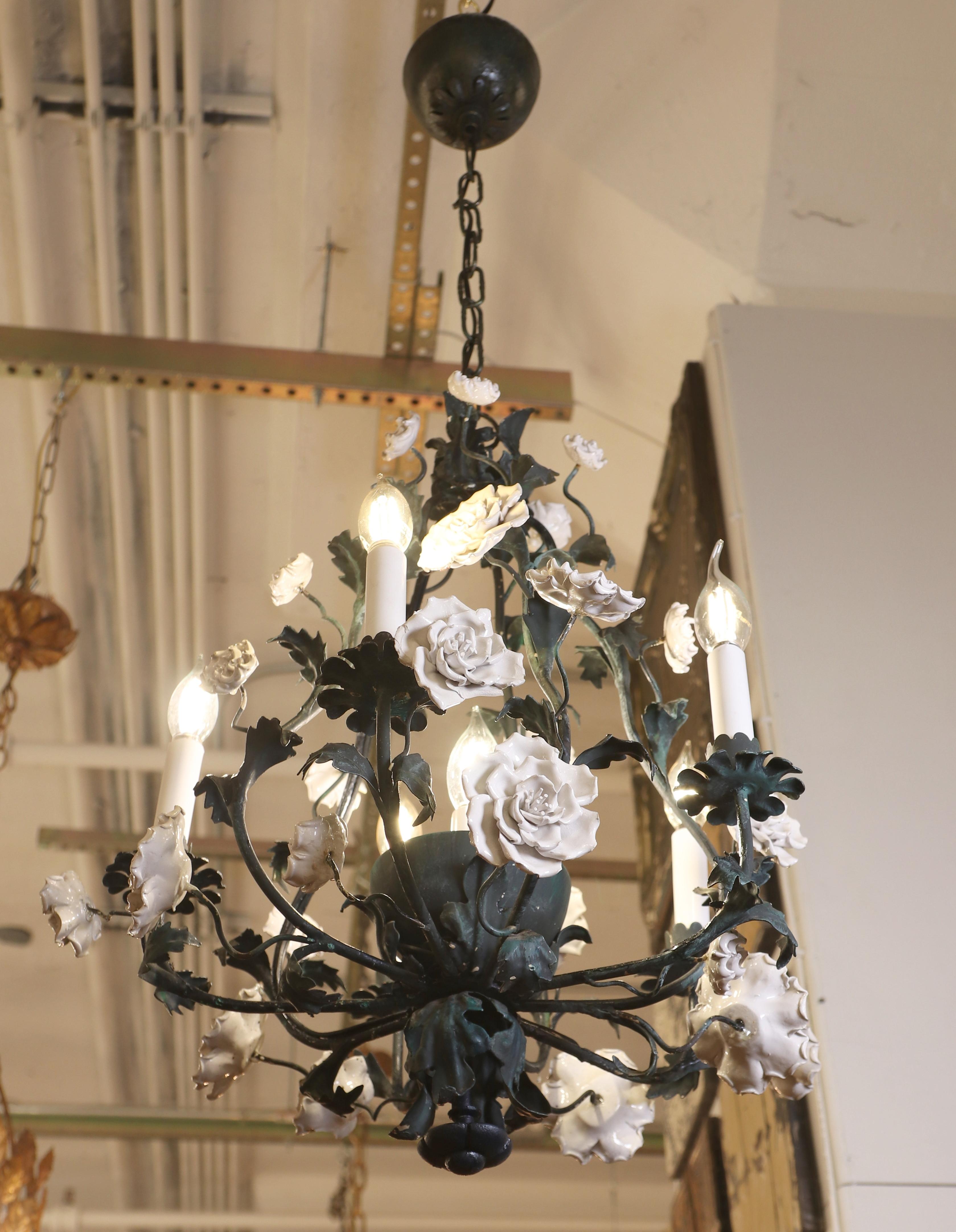 White Porcelain Flowers Verdigris 6 Light Chandelier For Sale at 1stDibs