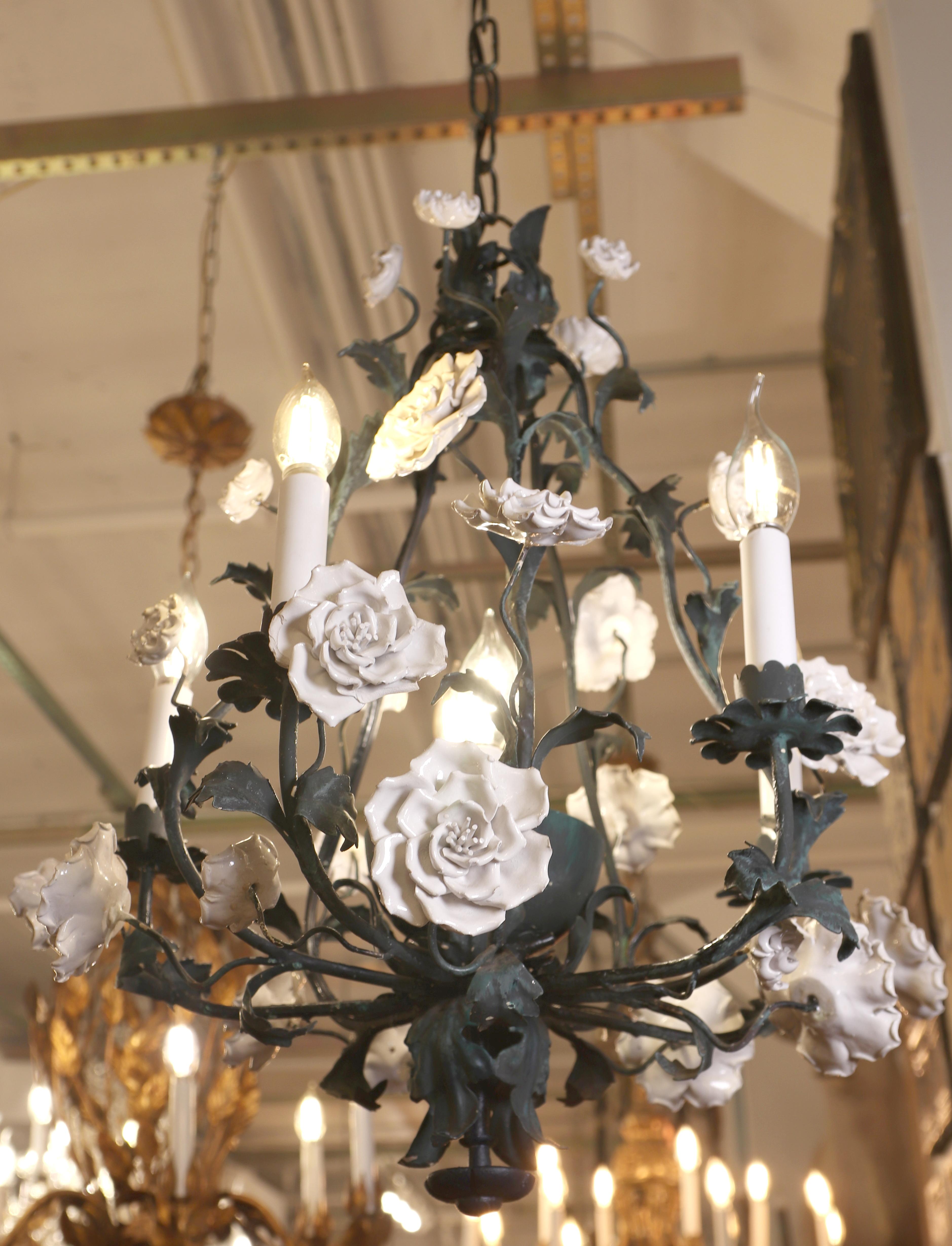 White Porcelain Flowers Verdigris 6 Light Chandelier For Sale at 1stDibs