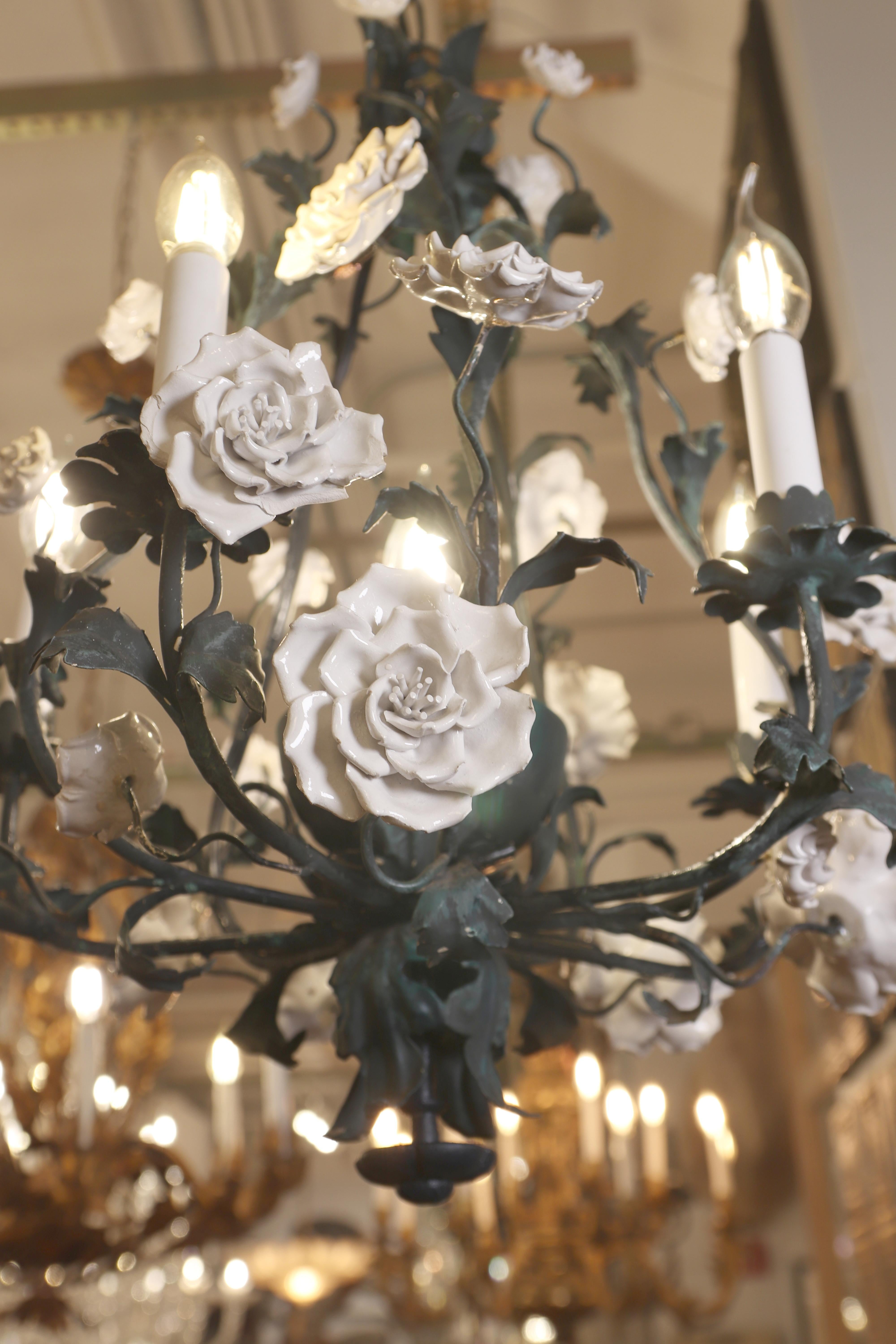 White Porcelain Flowers Verdigris 6 Light Chandelier For Sale at 1stDibs