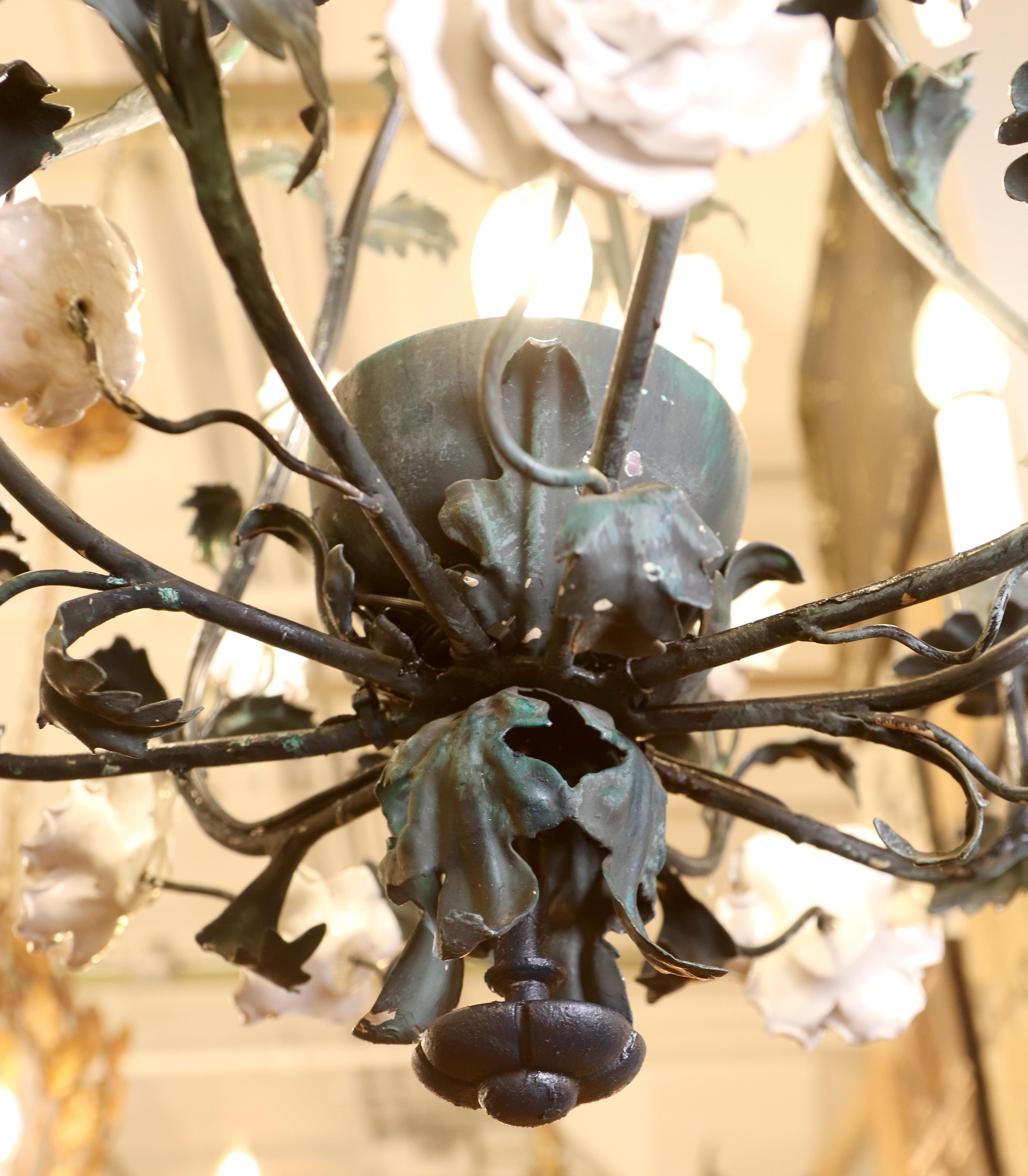 White Porcelain Flowers Verdigris 6 Light Chandelier For Sale at 1stDibs