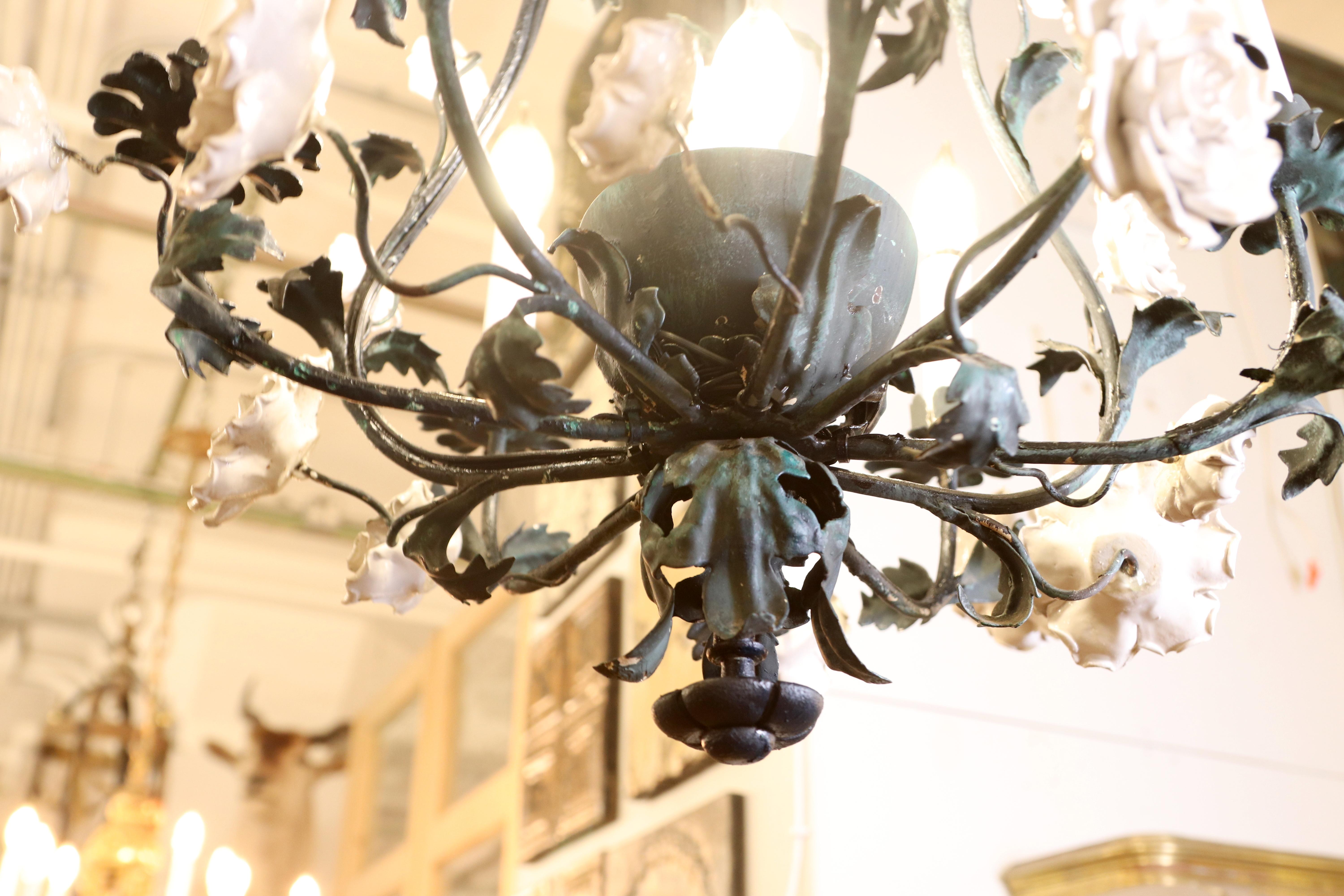 White Porcelain Flowers Verdigris 6 Light Chandelier For Sale at 1stDibs
