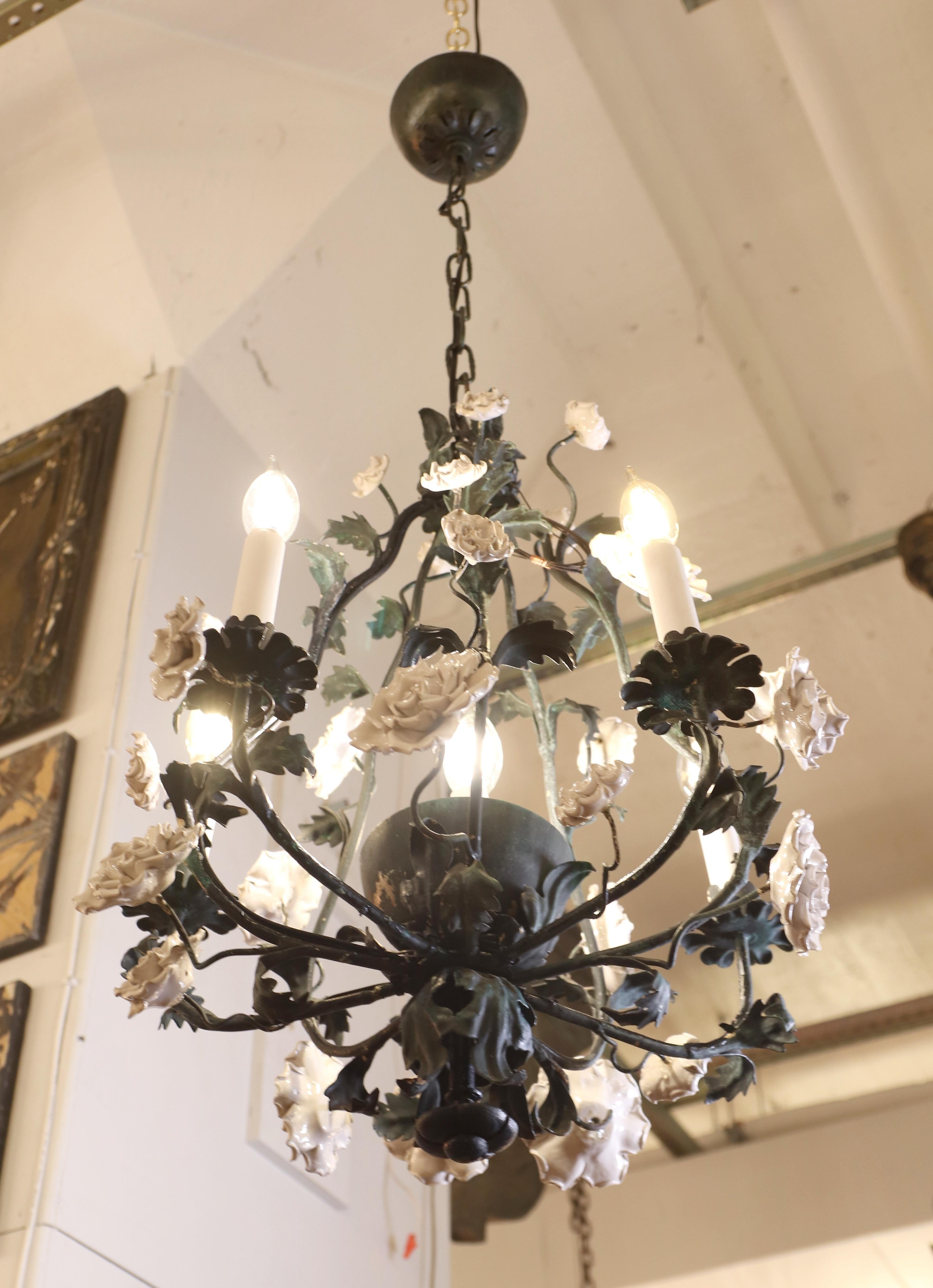 White Porcelain Flowers Verdigris 6 Light Chandelier For Sale at 1stDibs