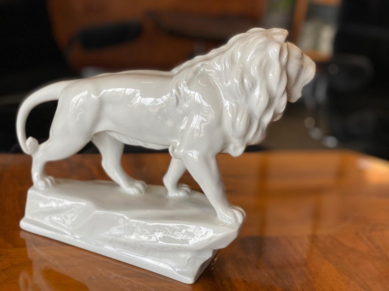 White Porcelain Sculpture of a Lion, Mid 20th Century at 1stDibs