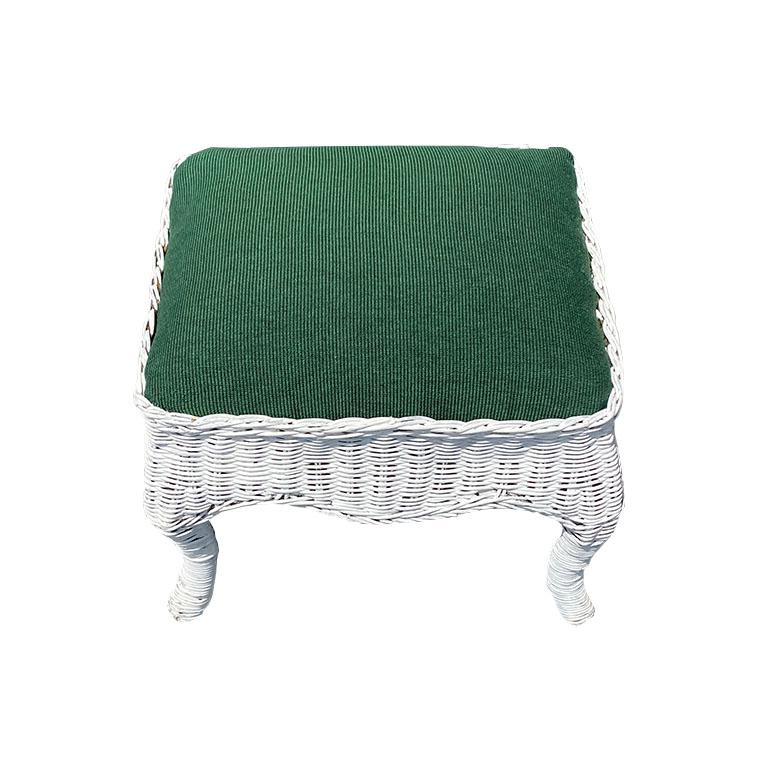 White Rectangular Low Wicker Upholstered Foot Stool in White and Green ...