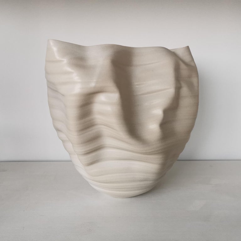 White Ribbed Undulating Form V2, Ceramic Sculpture, Objet D'art For ...