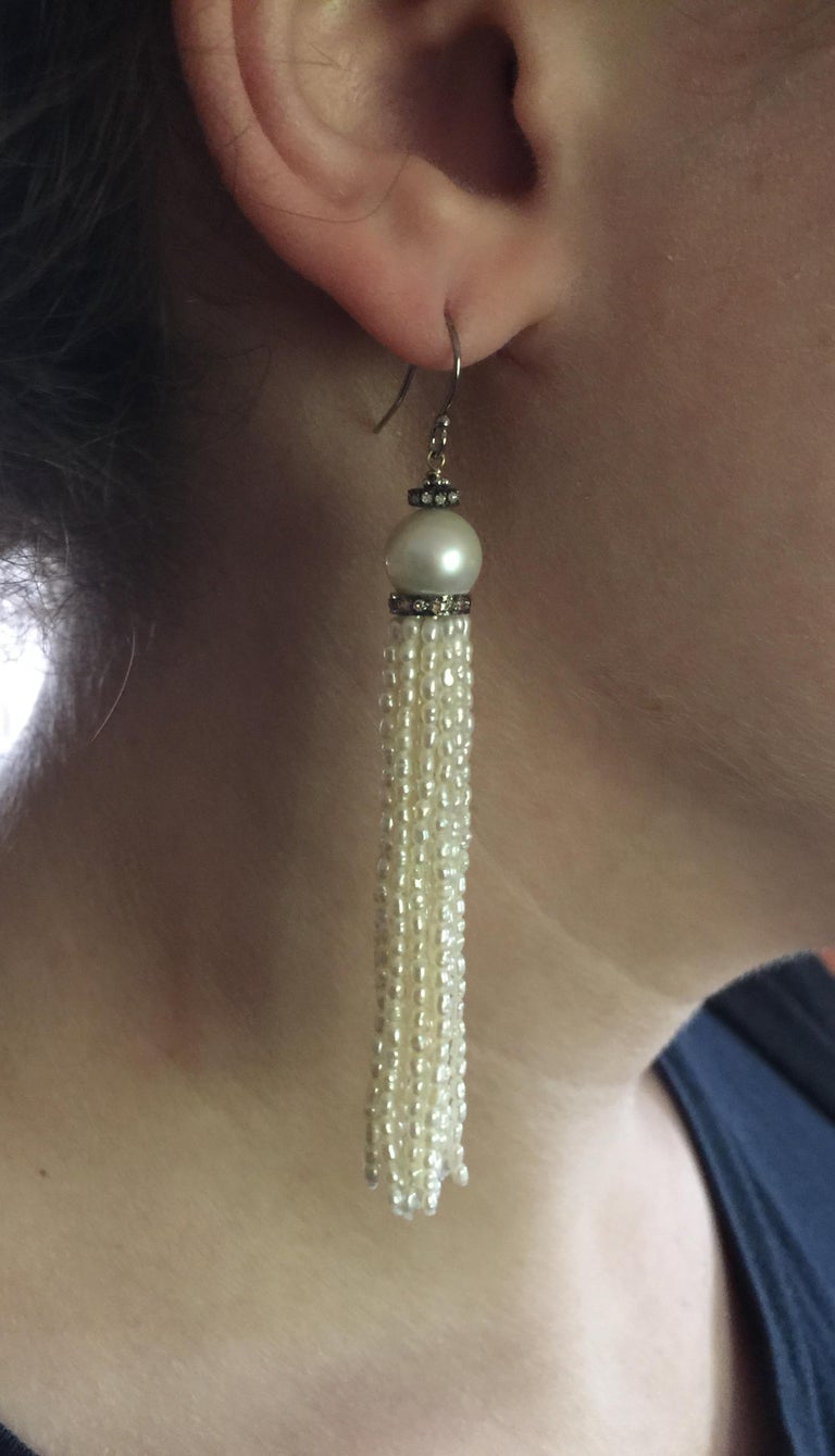 Marina J White Rice Pearl Tassel Earrings with Diamonds and 14 K White ...