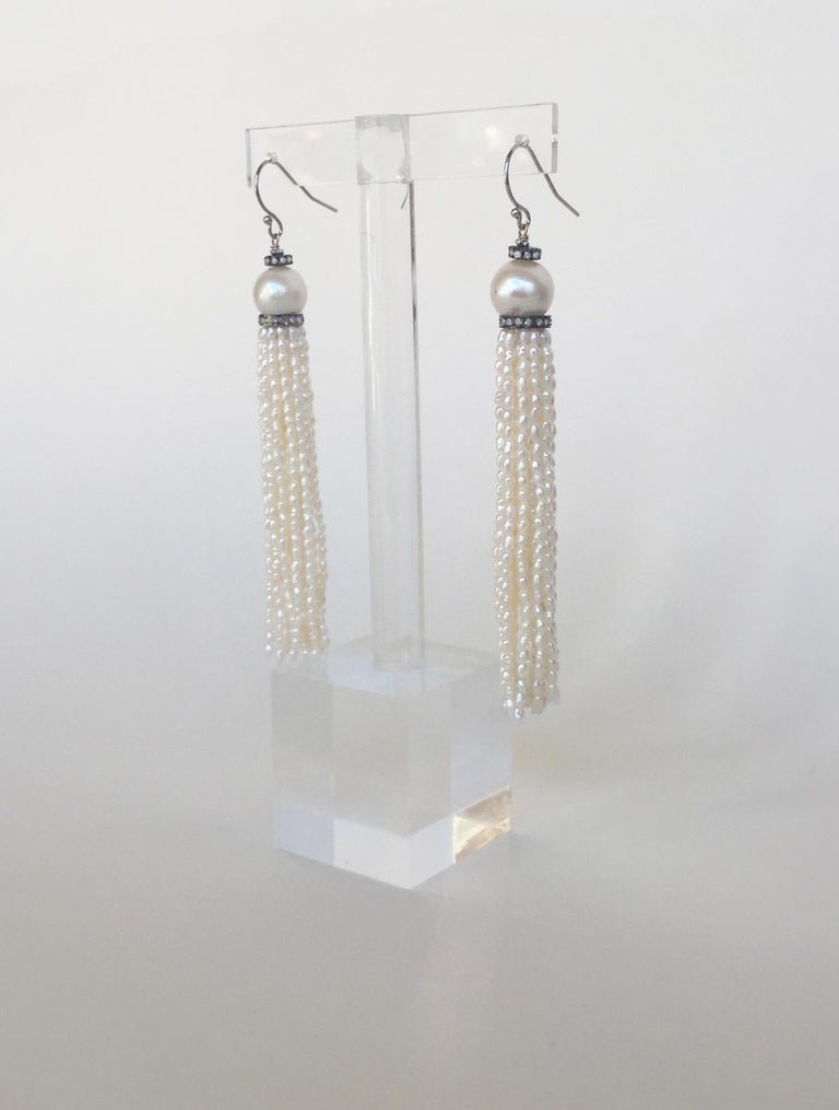 Marina J White Rice Pearl Tassel Earrings with Diamonds and 14 K White ...