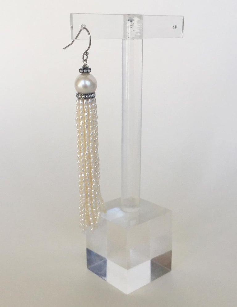 Marina J White Rice Pearl Tassel Earrings with Diamonds and 14 K White ...