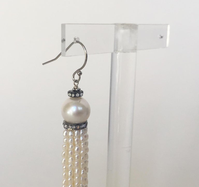 Marina J White Rice Pearl Tassel Earrings with Diamonds and 14 K White ...