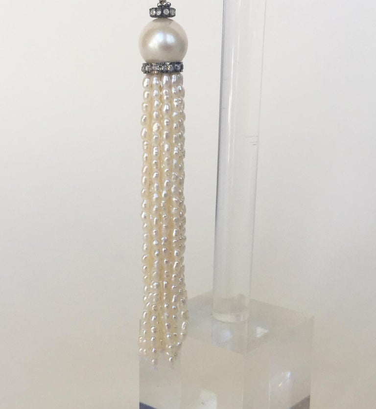 Marina J White Rice Pearl Tassel Earrings with Diamonds and 14 K White ...