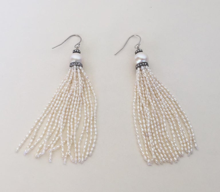 Marina J White Rice Pearl Tassel Earrings with Diamonds and 14 K White ...