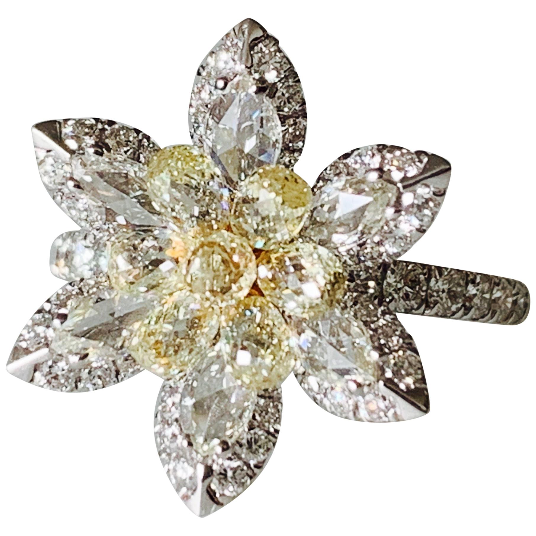 White Rose Cut Diamond and Yellow Briolette Diamond Ring in 18 Karat ...