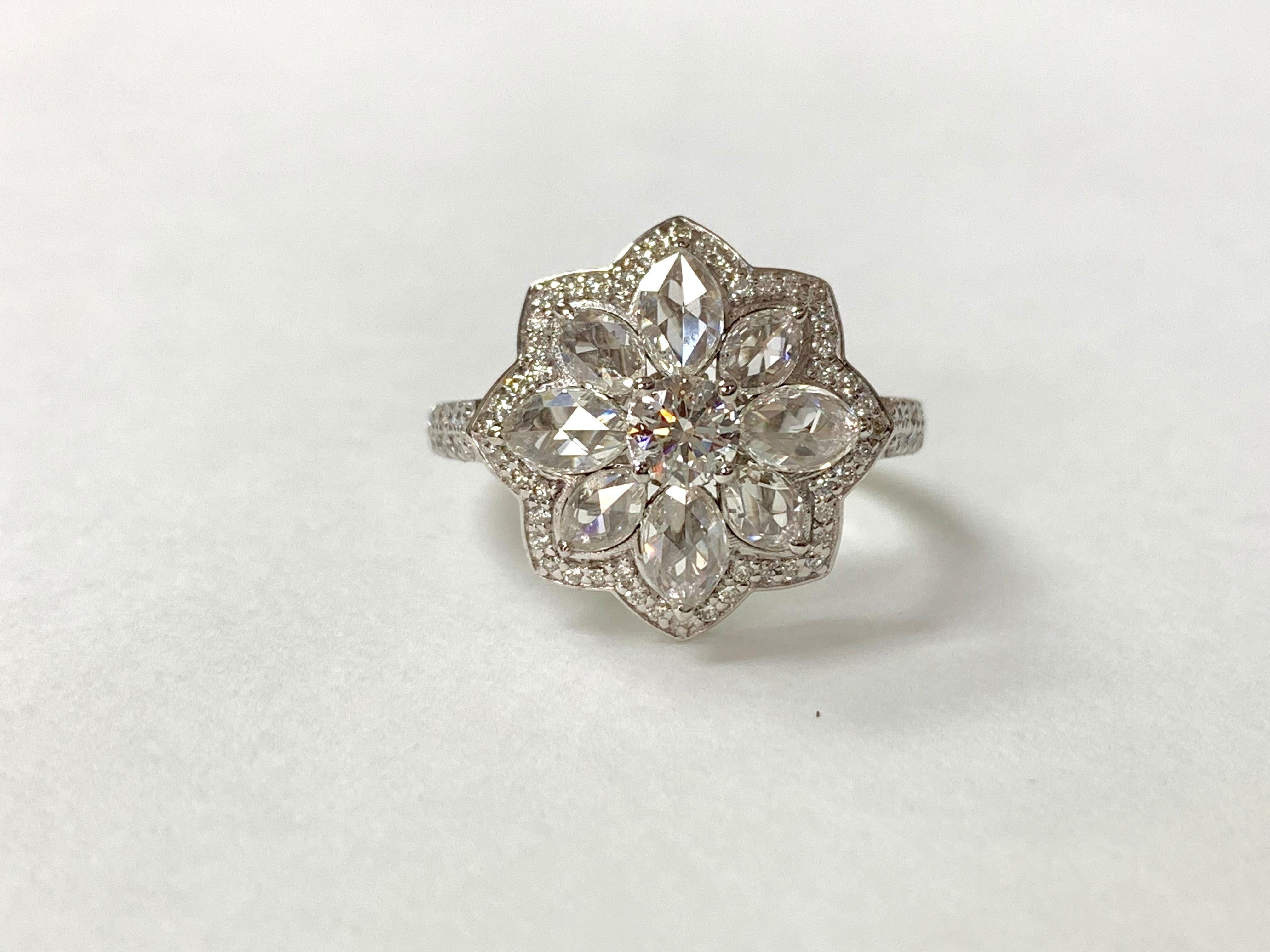 White Round Brilliant and Rose Cut Diamond Engagement Ring in 18 Karat ...