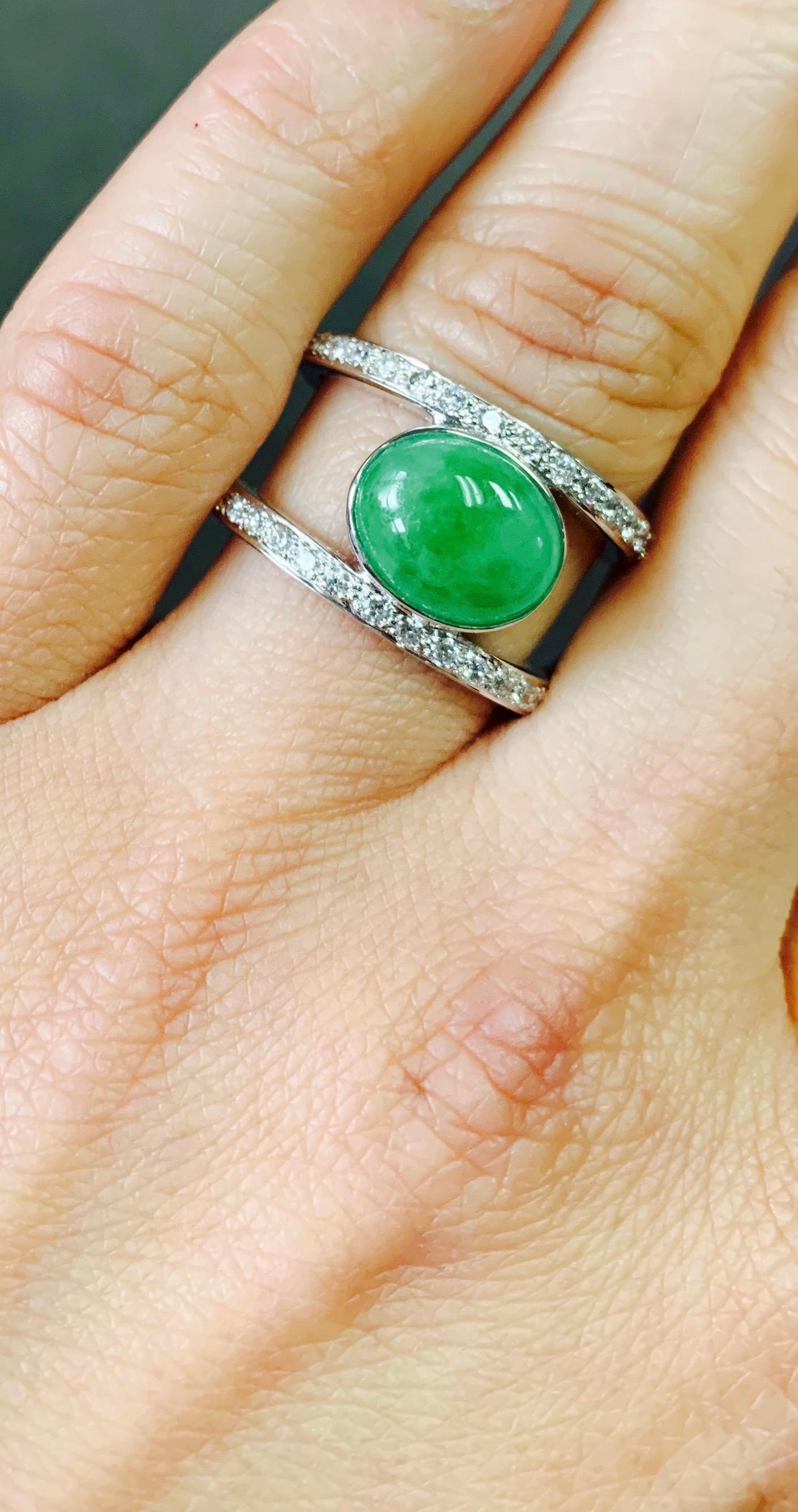 GIA Certified Green Jadeite Jade Oval Cabochon And Diamond Ring In 18 K ...