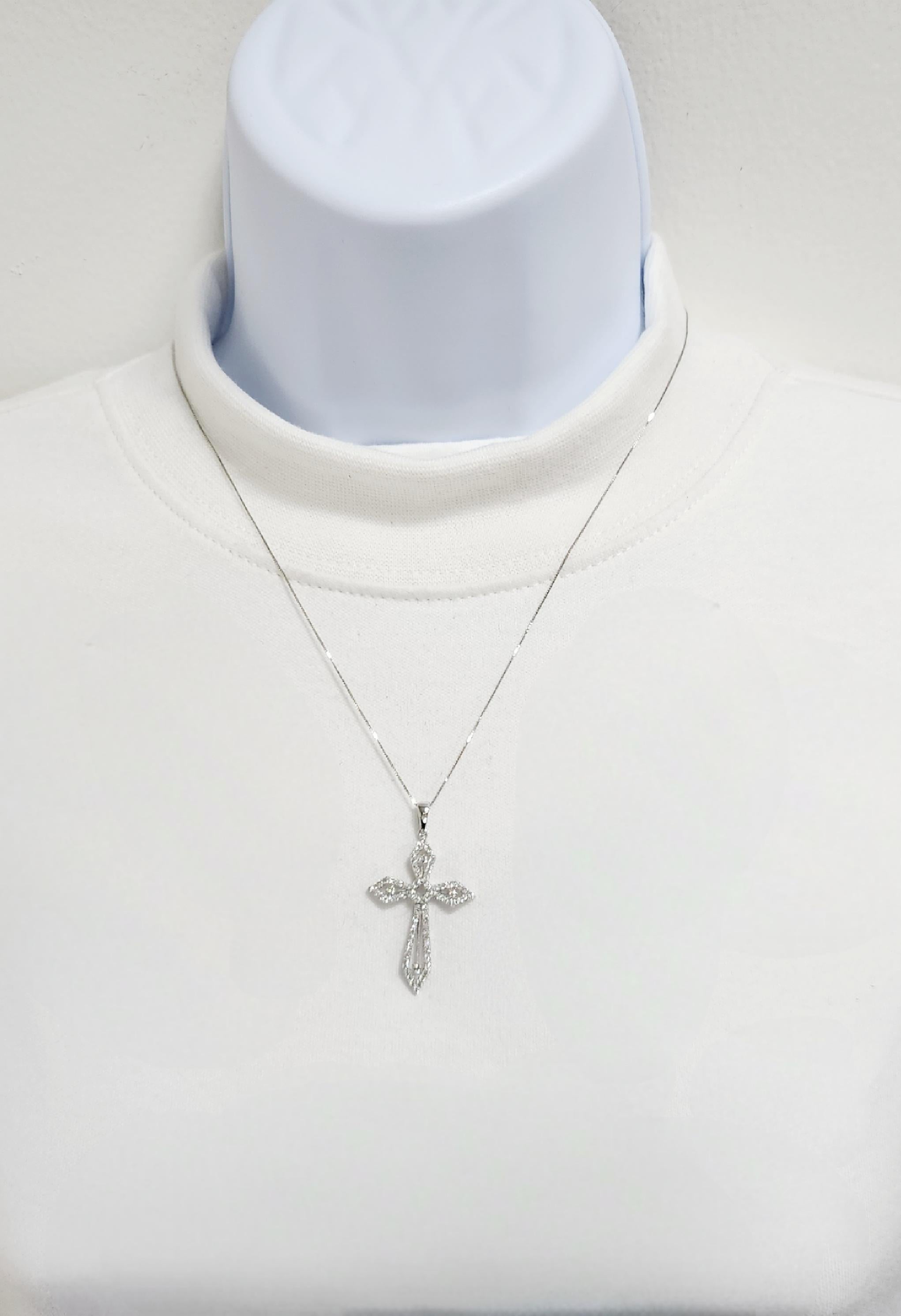 White Round Diamond Cross Pendant Necklace in 14k White Gold For Sale ...