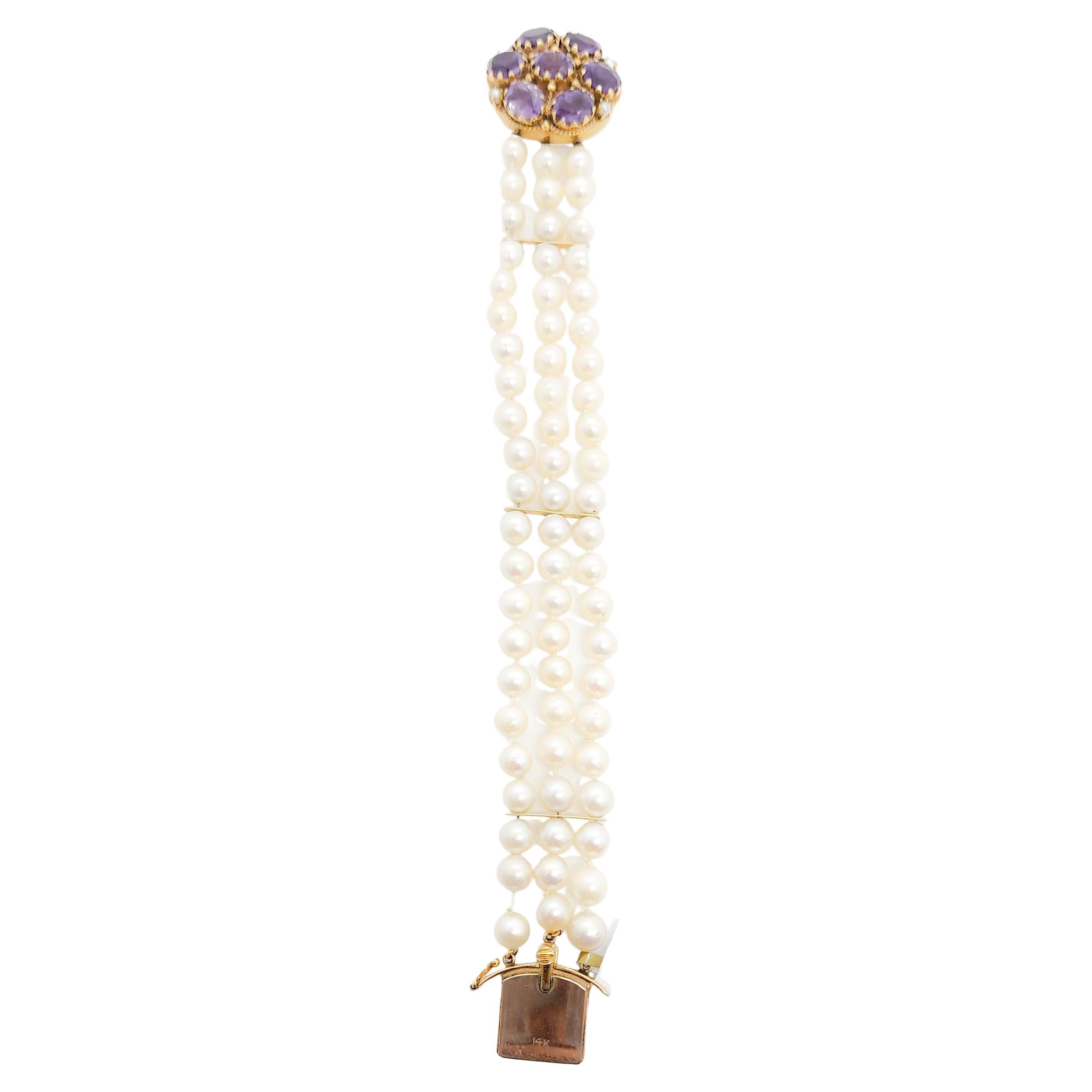 18 Karat Three-Strand Pearl Bracelet with Amethyst and Diamond Center ...