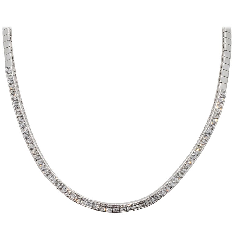 White Sapphire Princess Cut Necklace in 18 Karat White Gold For Sale at ...