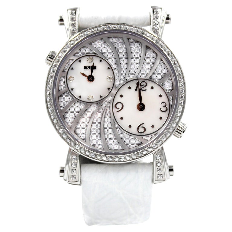 White Sapphires Pave Dial Luxury Swiss Quartz Exotic Leather Band Watch ...