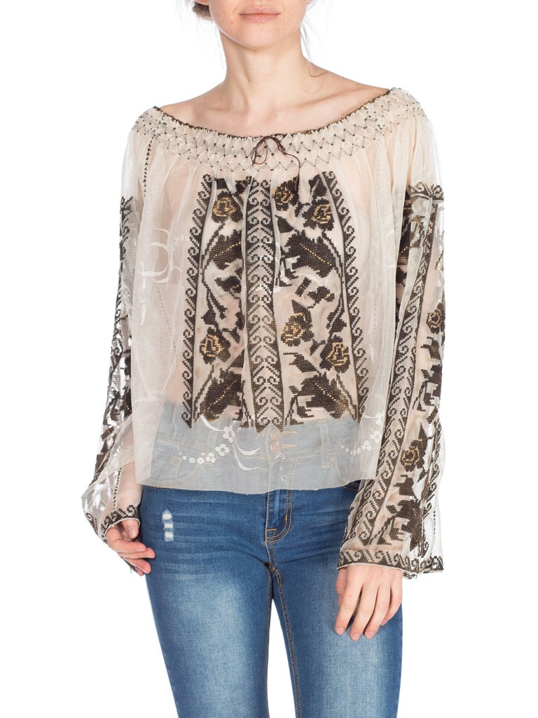 White Sheer Mesh Metallic Floral Embroidered Peasant Top at 1stDibs