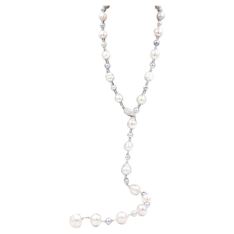 White Silver South Sea Pearl 18K White Gold Adjustable Clasp Lariat ...